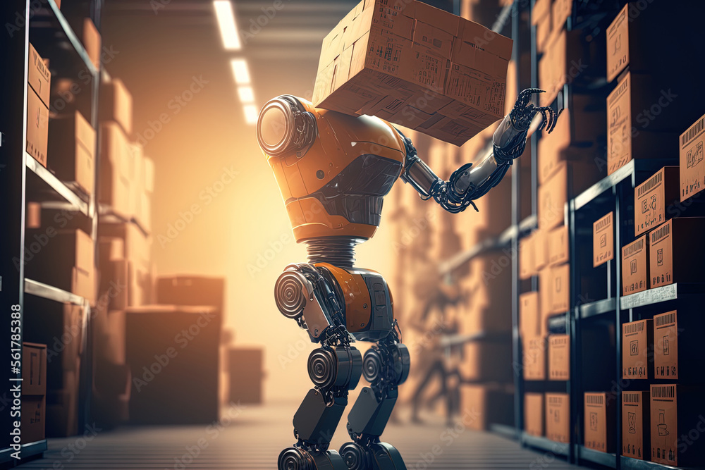 Innovative industry robot working in warehouse for human labor ...