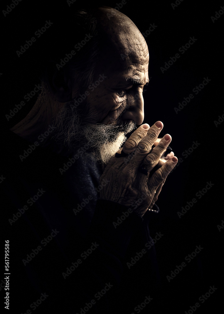 An intense side shot of an old man, wrinkles on his face and hands ...