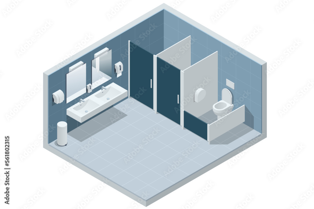 Isometric Clean Public Restroom Interior. Restroom with Cubicles and ...