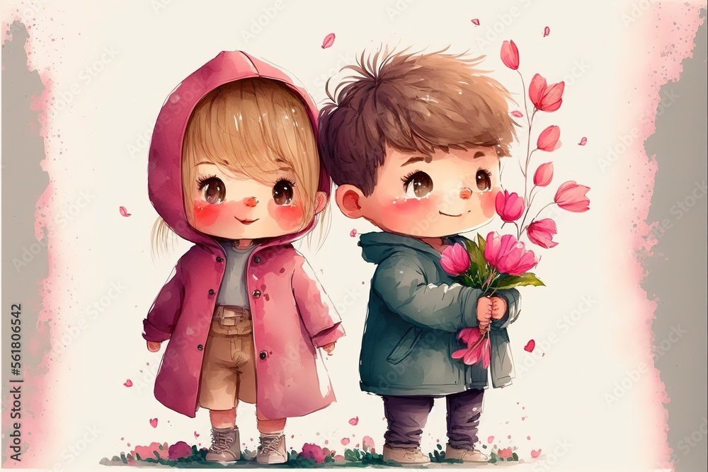 Cute boy and girl in love on romantic Valentine's day hand drawn cartoon style. Generative AI ...
