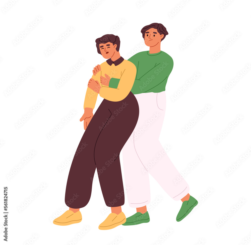 Woman giving choking man, heimlich maneuver. Girl rescuing wheezing ...