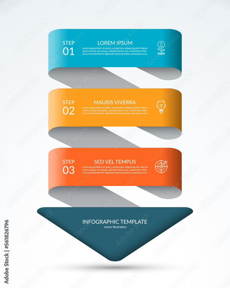 Down arrow infographic concept. Business template with 3 steps, options ...