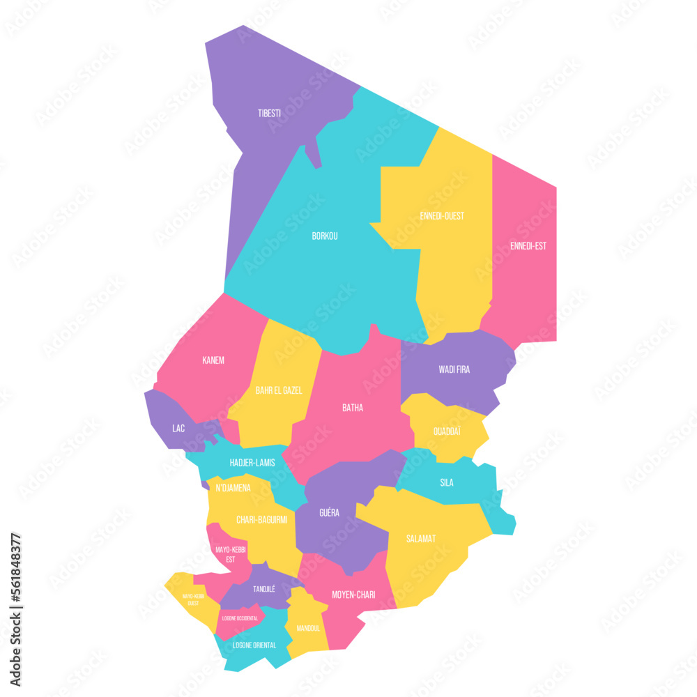 Chad political map of administrative divisions - regions. Colorful vector map with labels. Stock ...