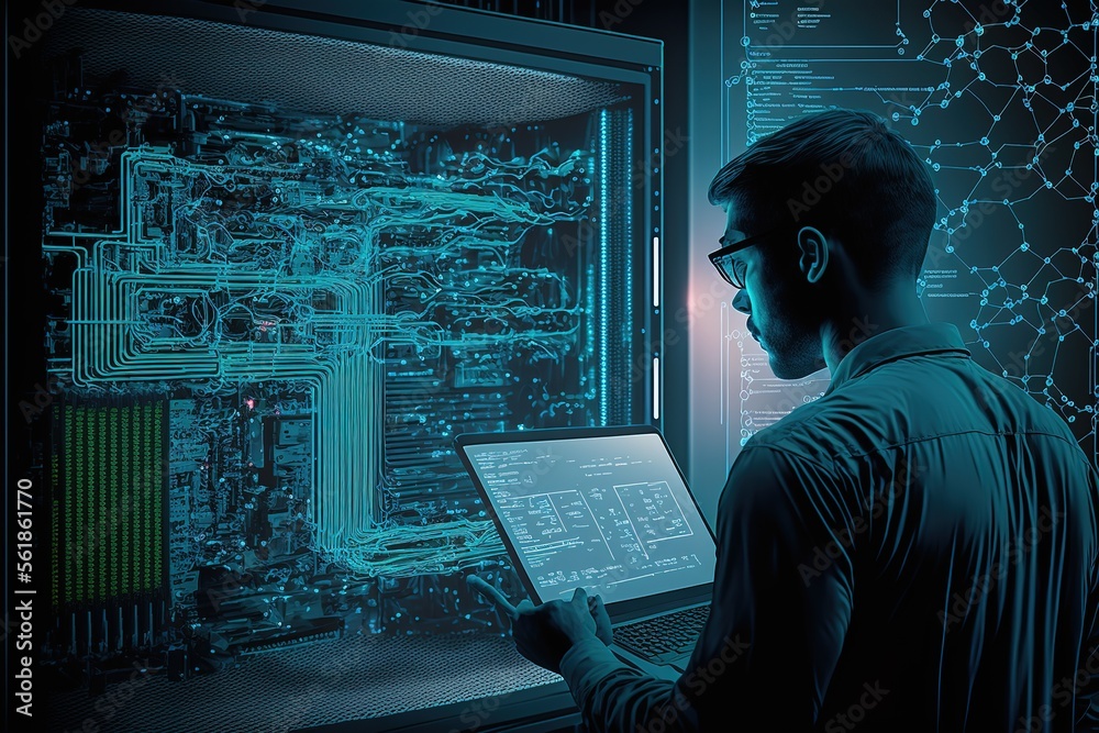 Computer engineer working on laptop computer with server room, data ...