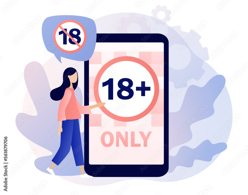 18+ restriction sign on smartphone screen. Prohibition sign for people ...
