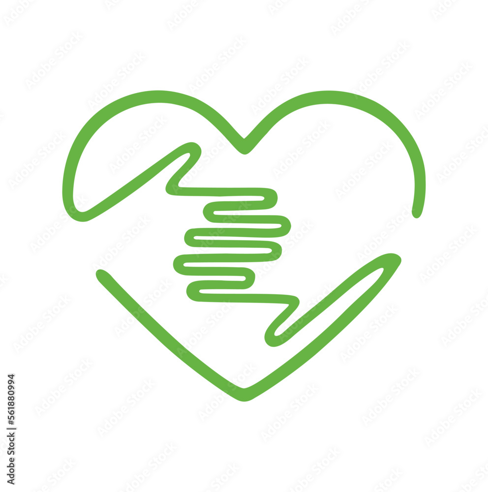 Two hands hugging green heart.Hand embrace heart shape icon sign.Love ...