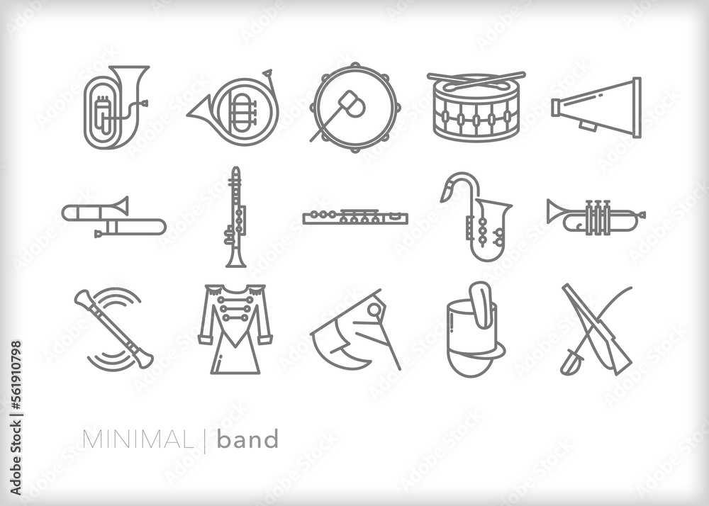 Set of band line icons of musical instruments, color guard flags and ...