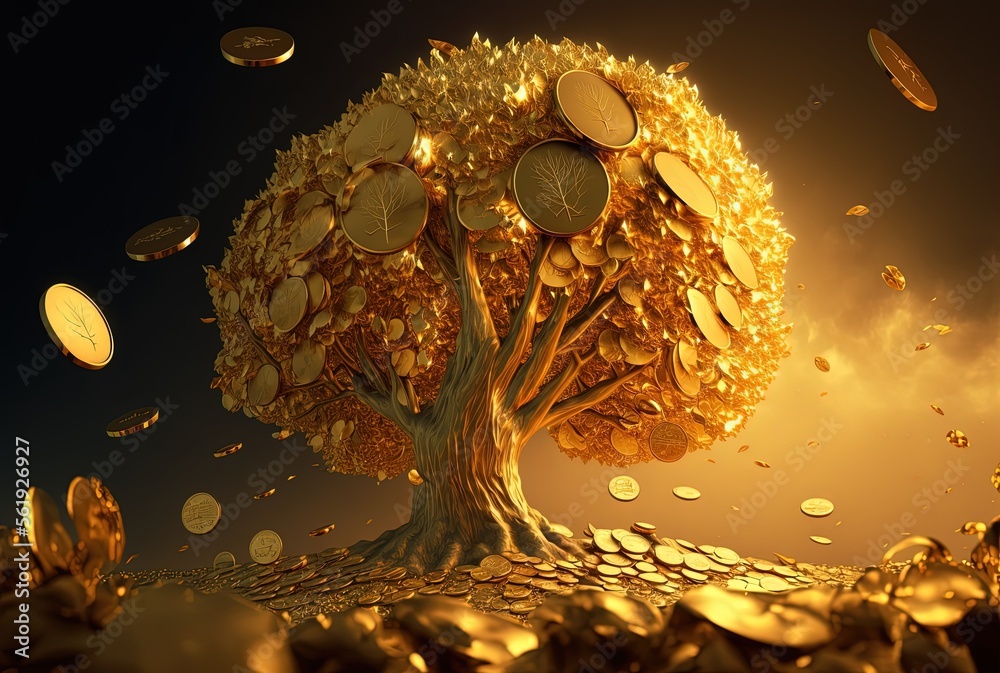 golden gold coin tree has coins as leaves that fall on ground, idea for ...