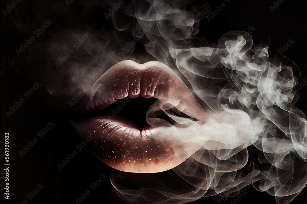 Woman's lips blowing smoke clouds - Generative AI image made to look ...
