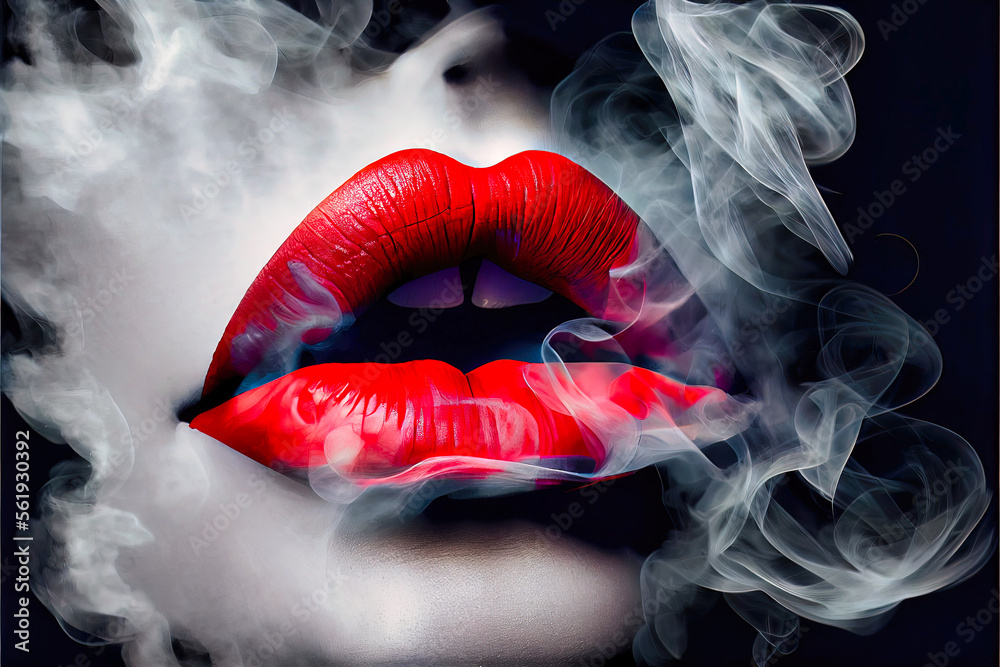 Woman's lips blowing smoke clouds - Generative AI image made to look ...