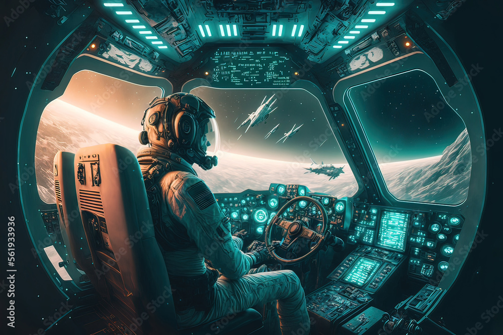 Futuristic spaceship cockpit interior with an astronaut inside. Future spacecraft control panels ...