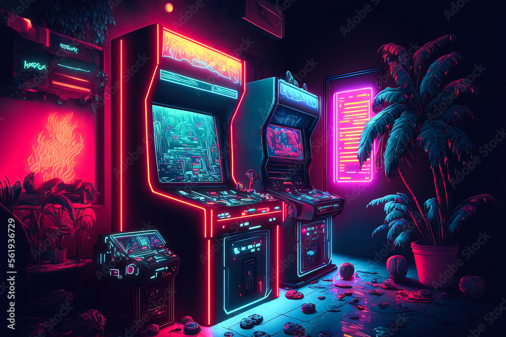Awesome picture of the arcade machine with neon lights and bright ...