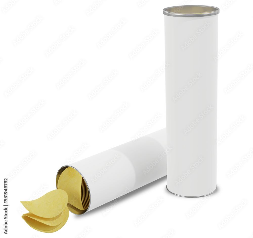 Two white kraft paper snack tubes with potato chips transparent ...