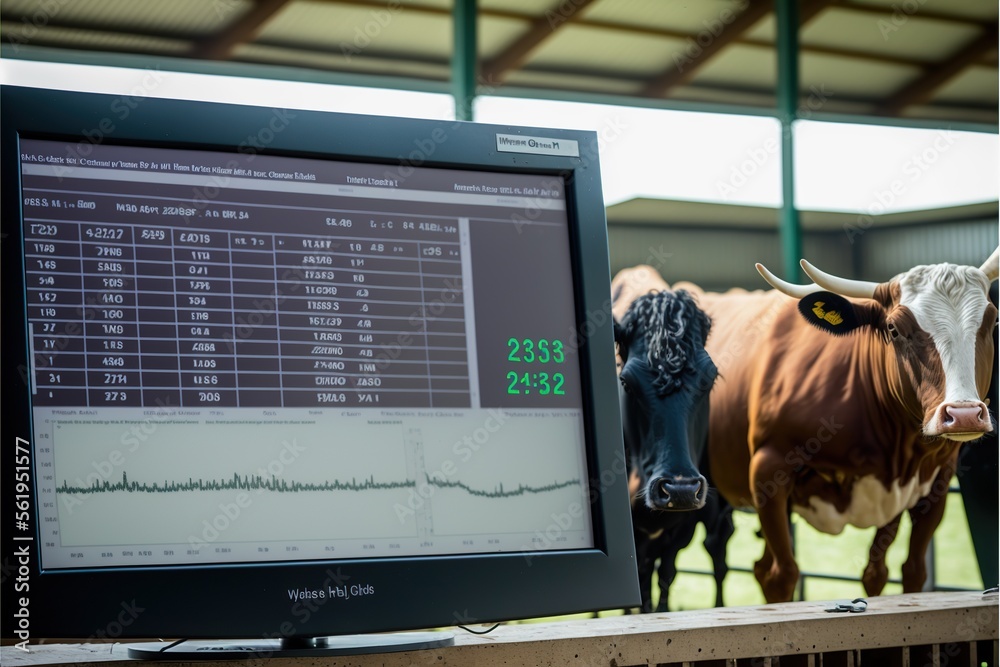 Computer screen displaying data from sensors on a cowshed, concept of ...
