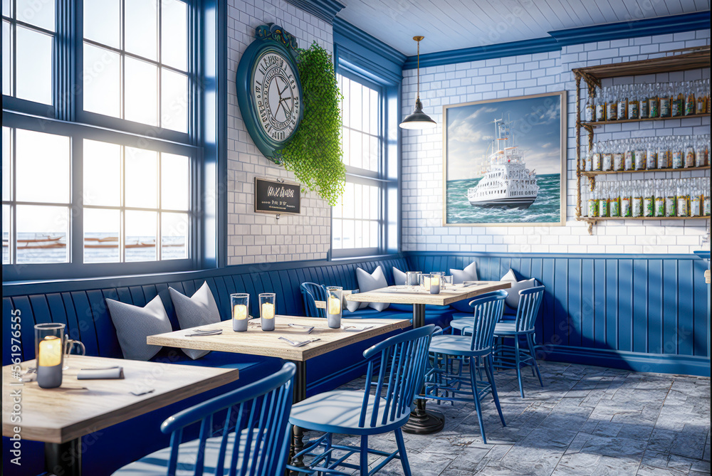 Nautical themed seafood restaurant interior. Generative AI Stock ...