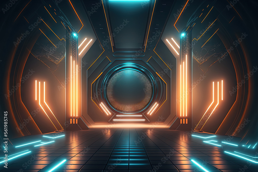 Abstract background with futuristic sci fi empty stage and neon glowing ...