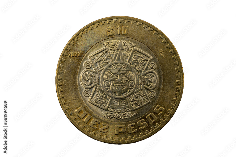 Moneda de 10 pesos Mexicana 2022, con el centro de la Piedra del sol o ...