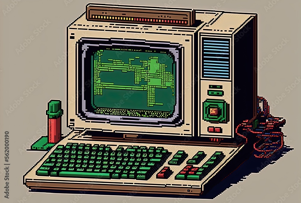 Pixel art old computer with landscape wallpaper, background in retro ...