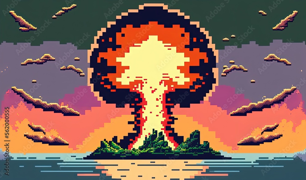 Pixel art atomic bomb explosion, background in retro style for 8 bit ...