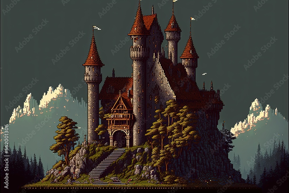 Pixel art medieval castle with trees and mountains, background in retro style for 8 bit game ...