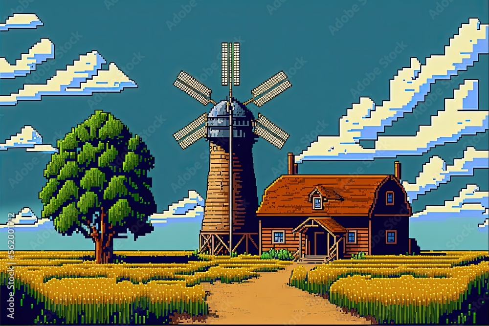 Pixel art wheat farm with mill and house, background in retro style for ...