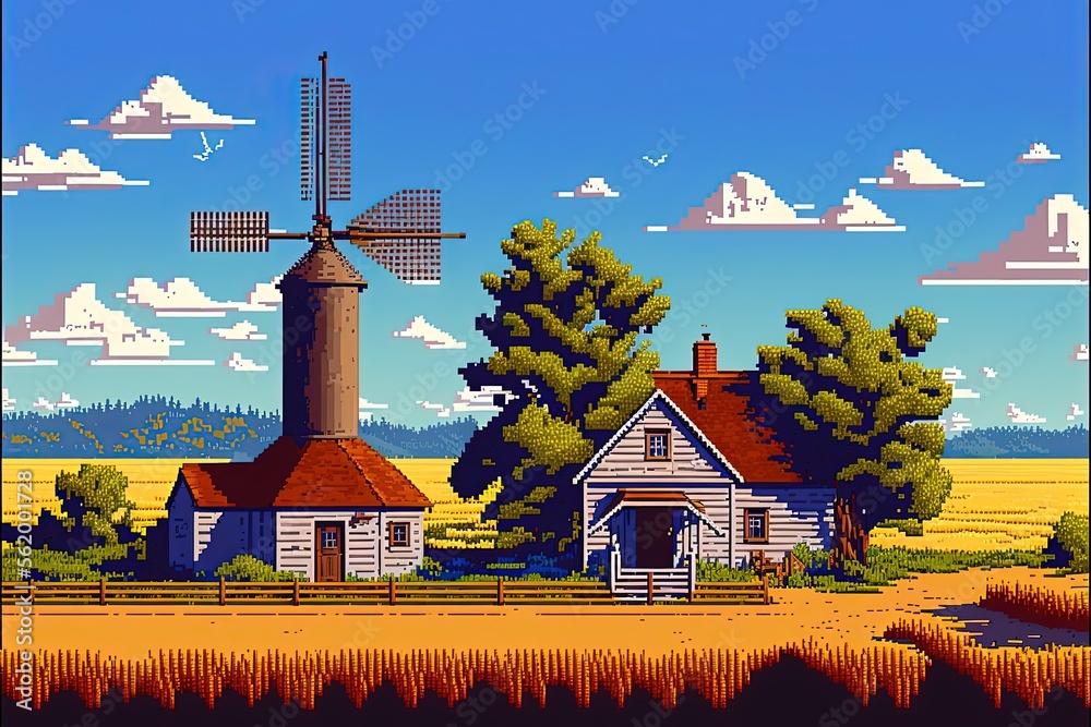 Pixel art wheat farm with mill and house, background in retro style for ...