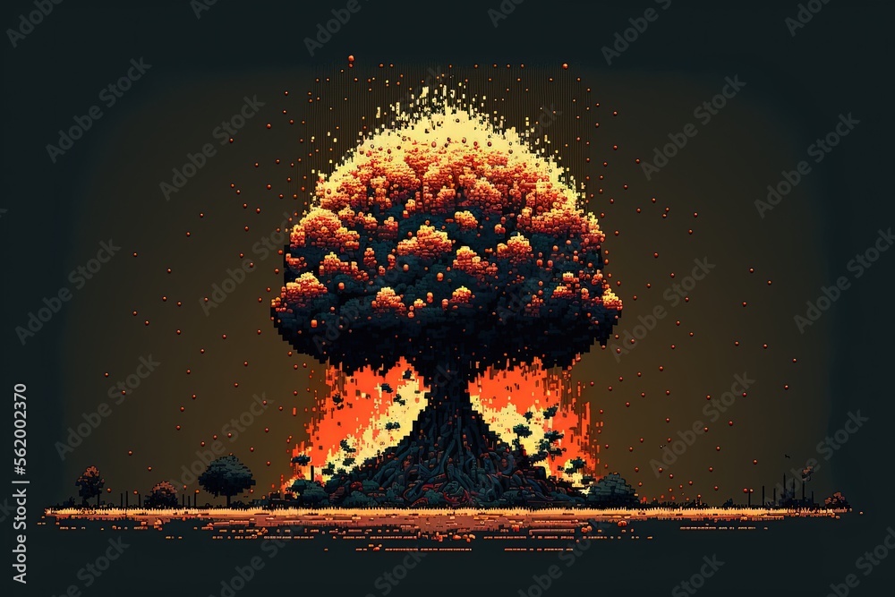 Pixel art atomic bomb explosion, background in retro style for 8 bit ...