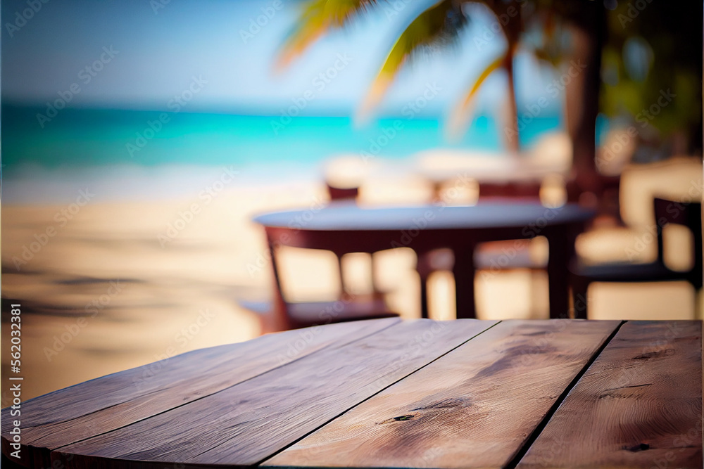 Beachside cafe, beach travel resort image of table and chairs with a ...