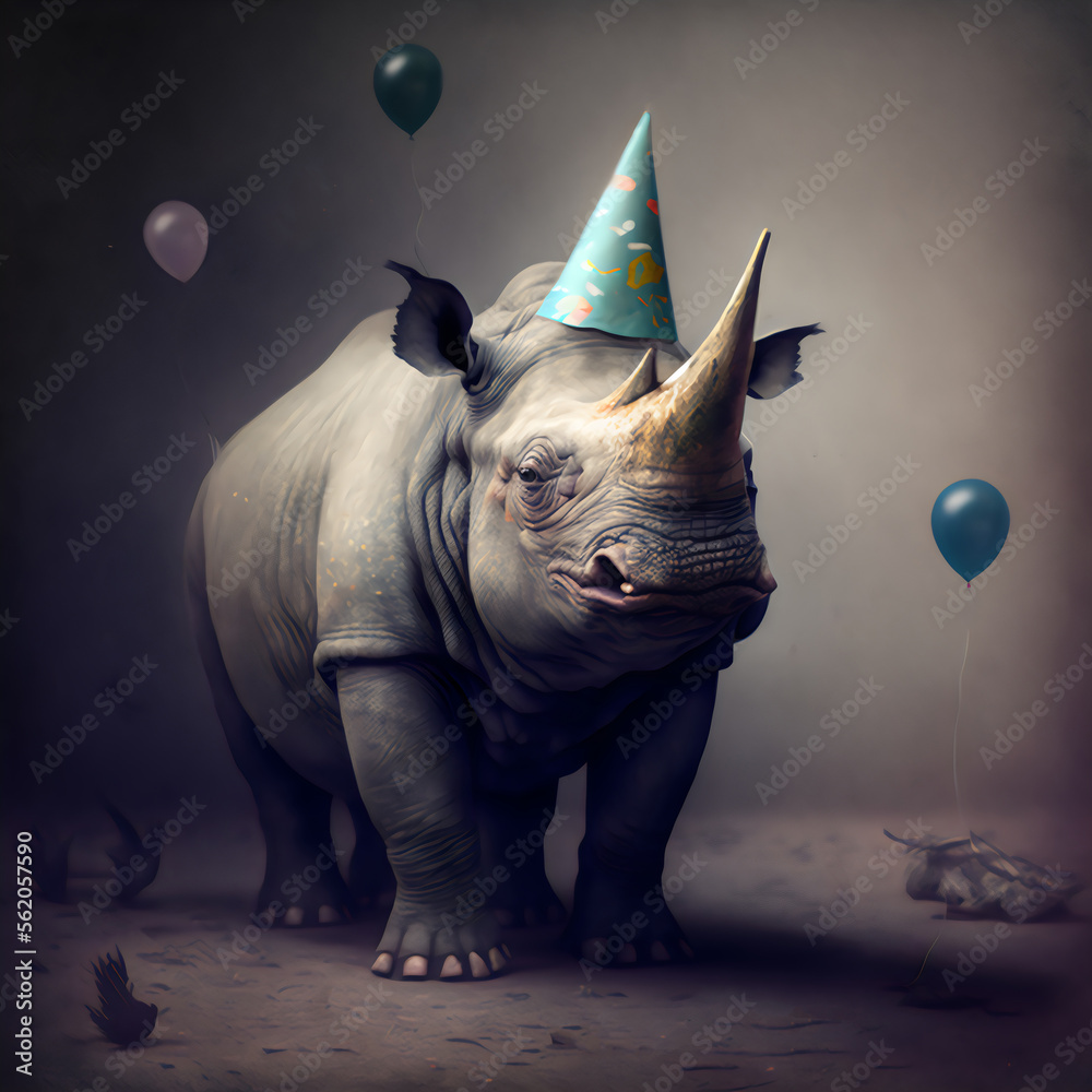 rhinoceros wearing a birthday party hat with balloons, generative ai ...