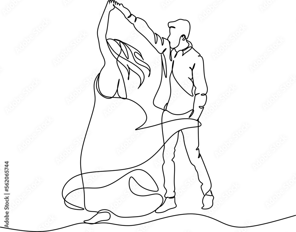 Single one line drawing happy cute married man and woman dancing on the ...