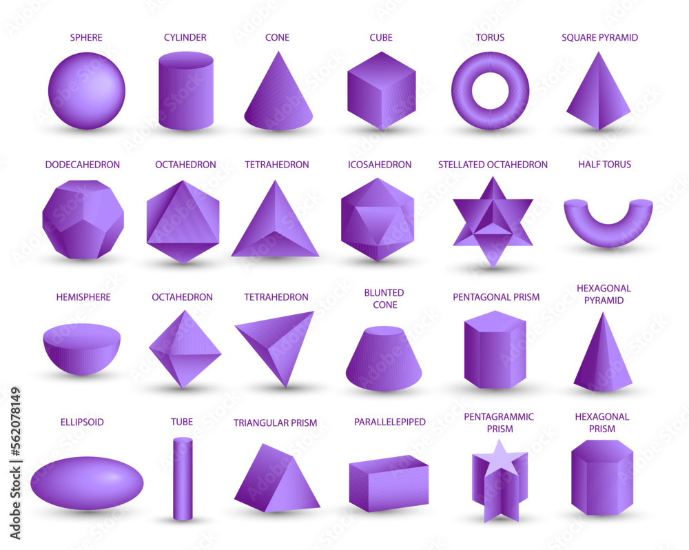 Vector realistic 3D purple geometric shapes isolated on white ...