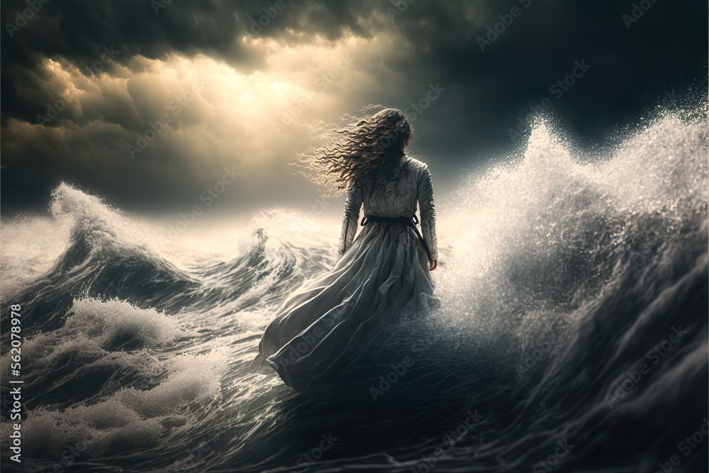 silhouette of a woman in long white dress fighting the storm and the ...