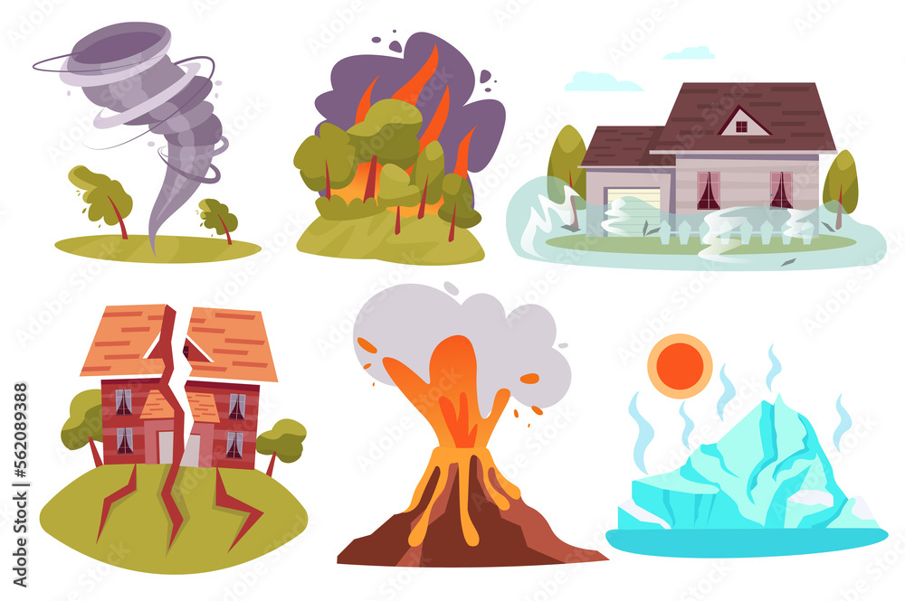 Natural disasters isolated elements set in flat design. Bundle of ...