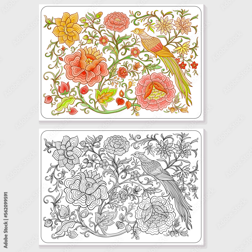 Fantasy flowers and pheasant bird in retro, vintage, chinese silk on ...