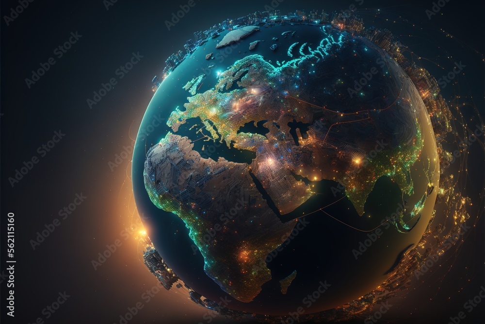 Digital dystopian globe, future, viewed from space, in the solar system ...