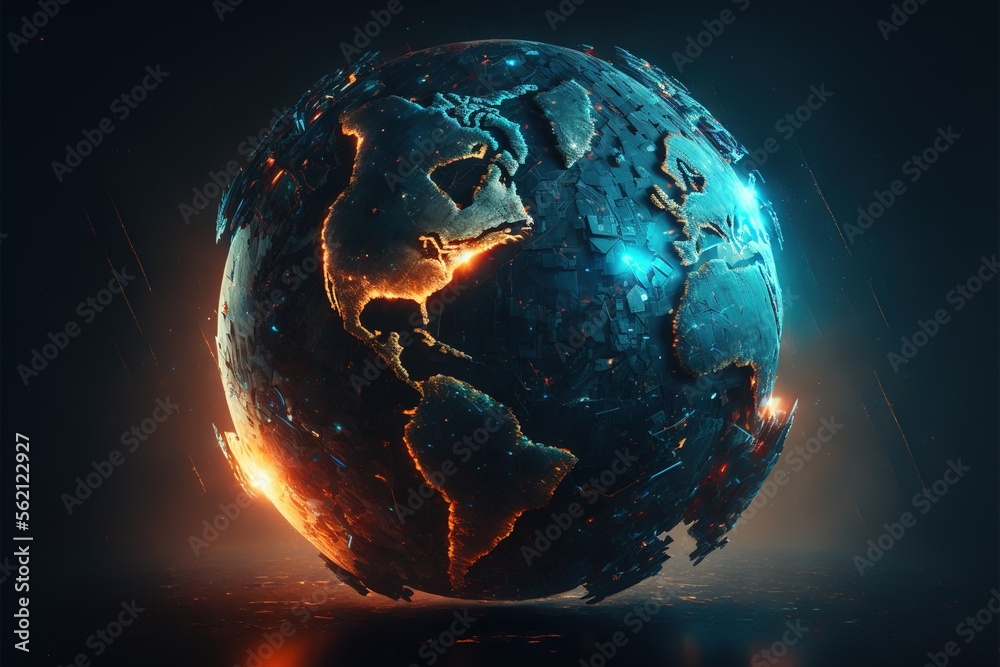 Digital dystopian globe, future, viewed from space, in the solar system ...