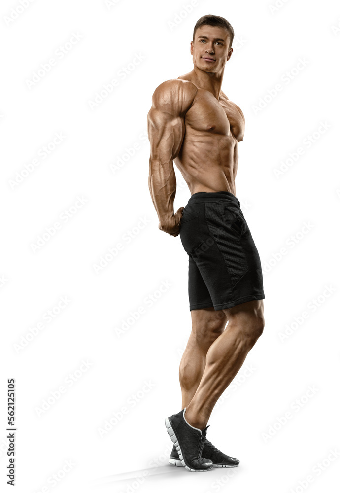 Strong and handsome male bodybuilder demonstrate his muscular arms and ...