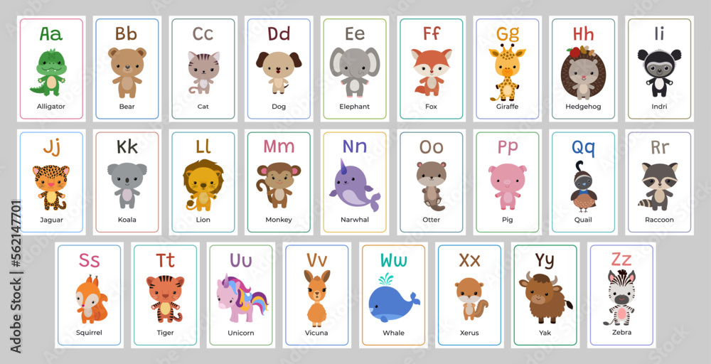 English alphabet flashcards with animals and letters. Cute animal flash ...