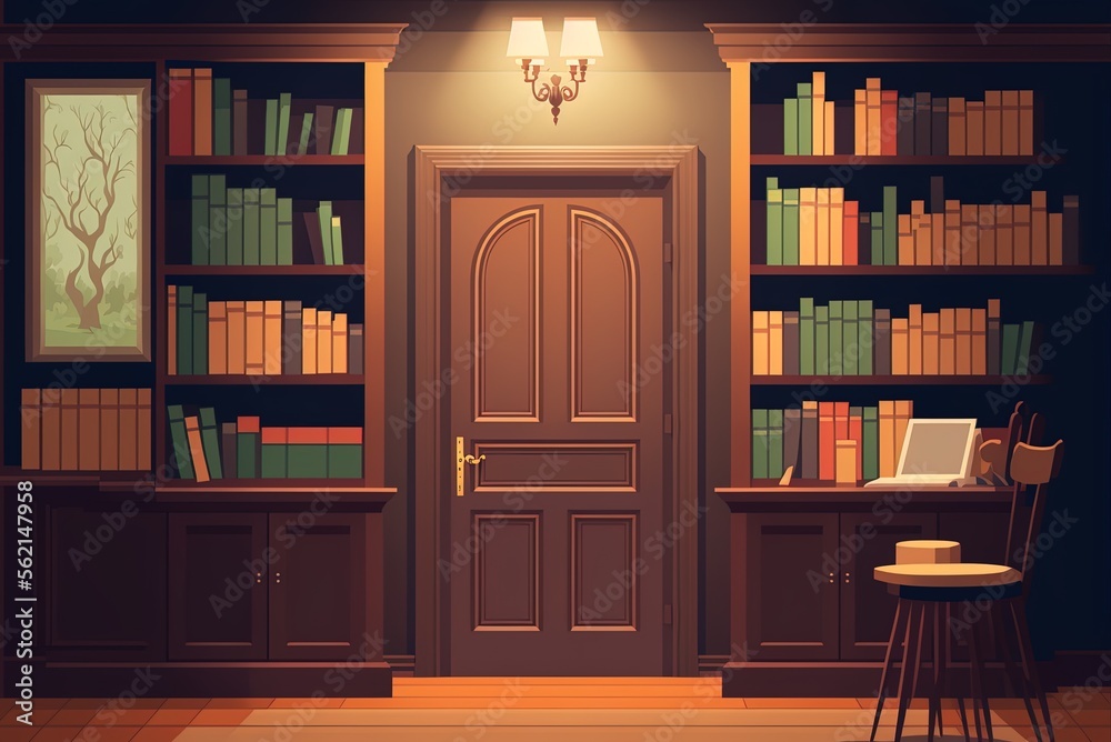 Storage area, shelves, and door made of wood; library A cartoonish ...