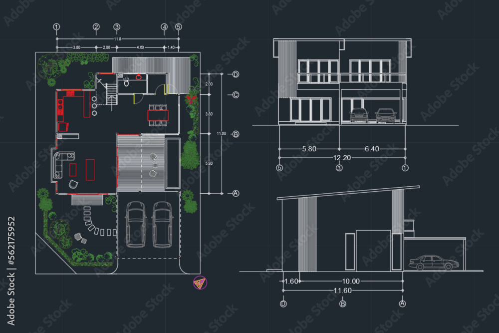 Vetor Detailed townhouse section, floor plans, apartments layout ...
