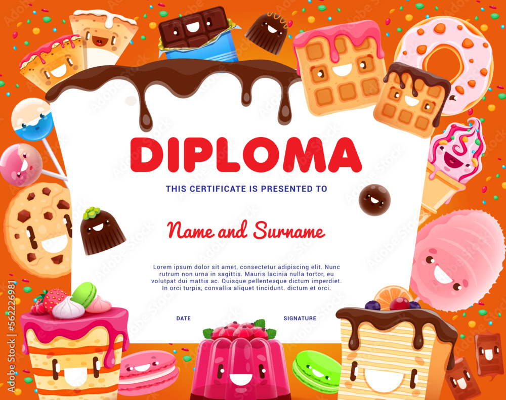 Stock-Vektorgrafik „Kids diploma cartoon bakery, cookie, cake and pie ...
