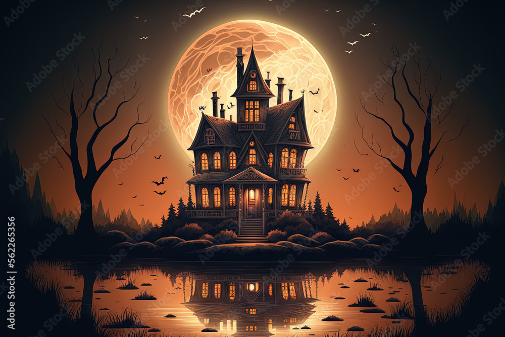 In the evening, a spooky burn haunted mansion in a swamp. full moon ...