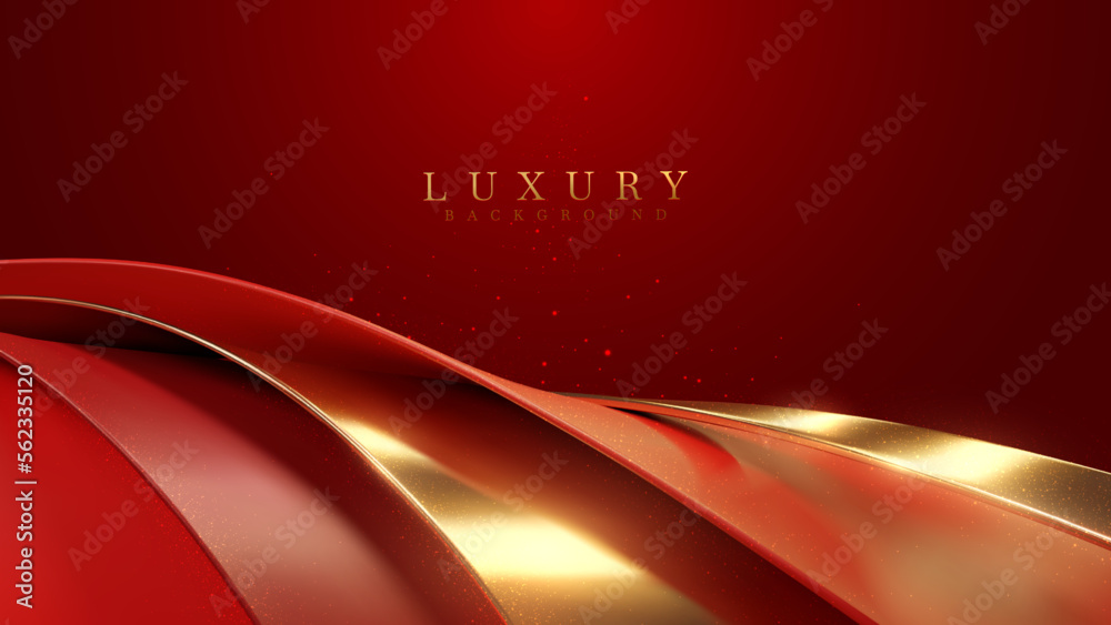 Red luxury background with realistic 3D golden curve elements and ...