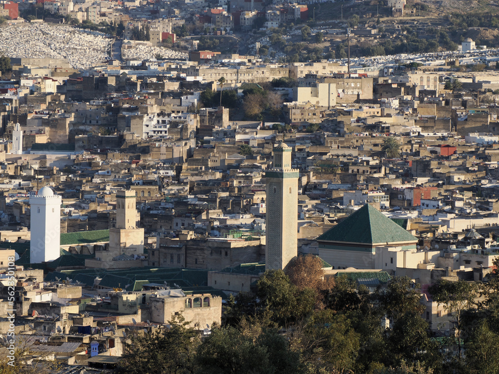 detail of mosque tower Aerial view panorama of the Fez el Bali medina ...