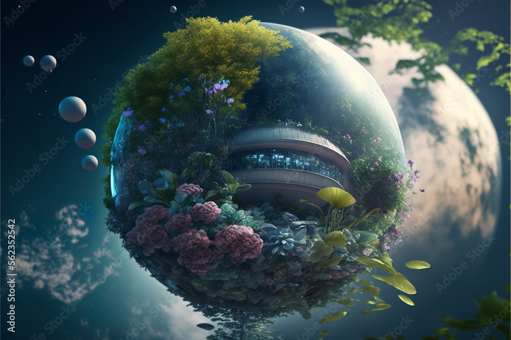 Spherical shaped futuristic botanical garden sphere in space with glass ...