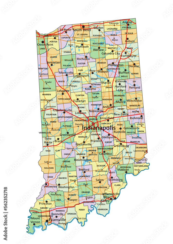 Indiana - Highly detailed editable political map with labeling. Stock ...