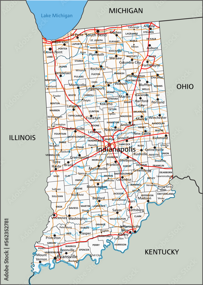 High detailed Indiana road map with labeling. Stock Vector | Adobe Stock