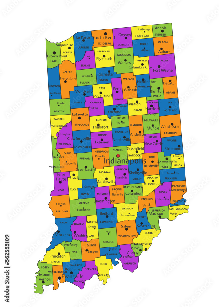 Colorful Indiana political map with clearly labeled, separated layers ...