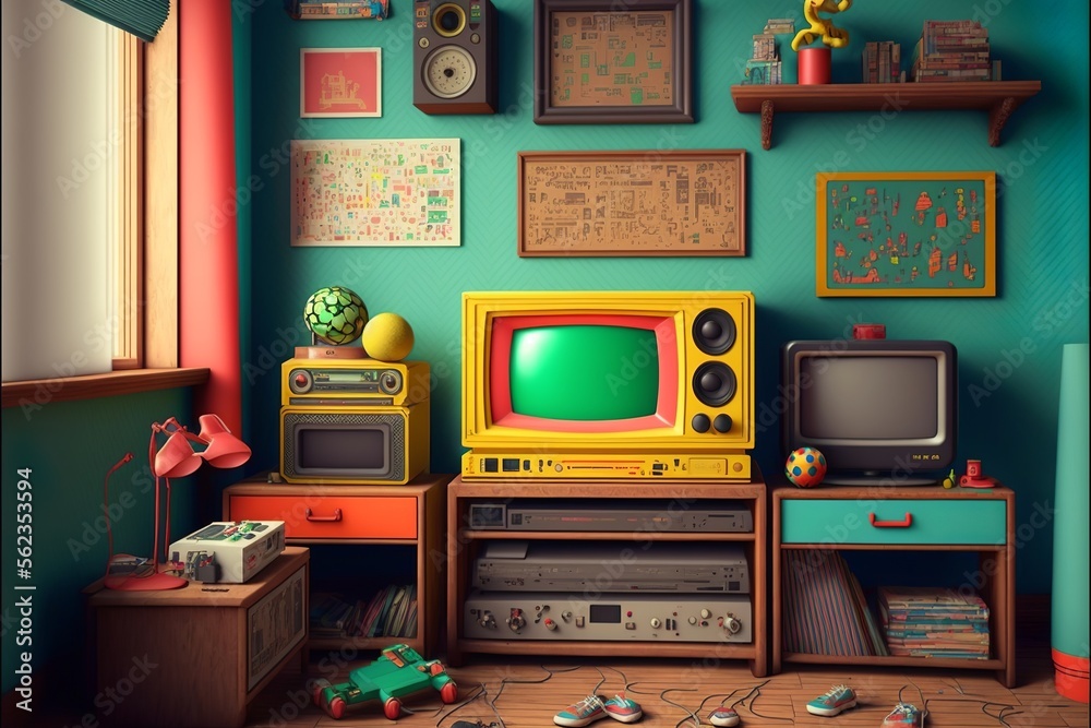 Retro kid's room interior with vintage devices and pop culture posters ...
