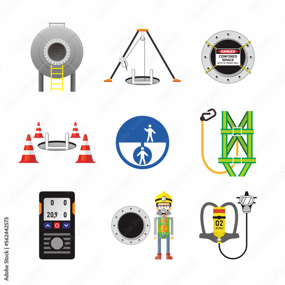 Set of confined space icon, sign and symbol for industrial ...